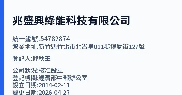 兆盛興綠能科技有限公司的照片-統編 54782874(新竹縣) 公司登記資料與營業項目詳細圖表