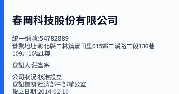 春岡科技股份有限公司的照片-統編 54782889(彰化縣) 公司登記資料與營業項目詳細圖表