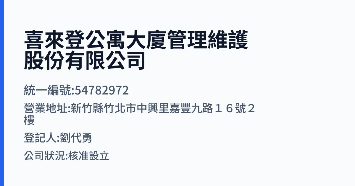 喜來登公寓大廈管理維護股份有限公司 - 統編 54782972(新竹縣) 公司登記資料與營業項目詳細圖表
