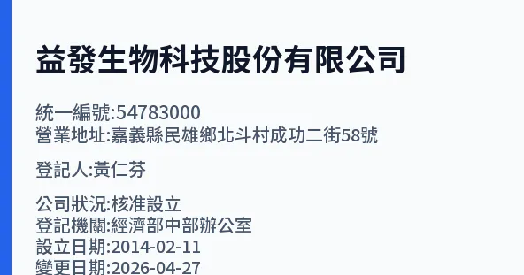 益發生物科技股份有限公司的照片-統編 54783000(嘉義縣) 公司登記資料與營業項目詳細圖表