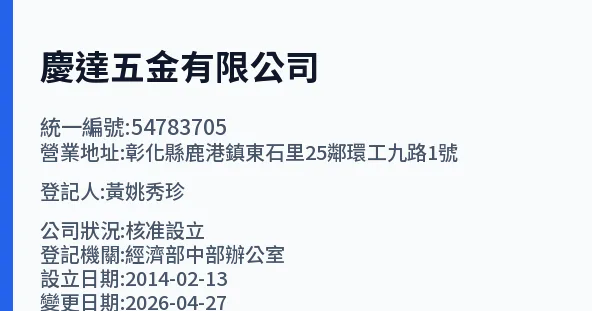 慶達五金有限公司的照片-統編 54783705(彰化縣) 公司登記資料與營業項目詳細圖表