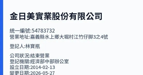 金日美實業股份有限公司的照片-統編 54783732(嘉義縣) 公司登記資料與營業項目詳細圖表
