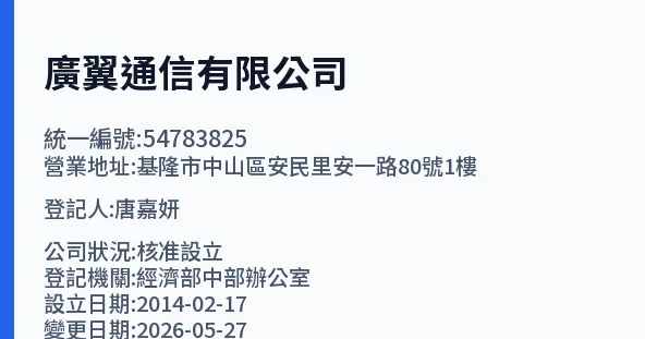 廣翼通信有限公司的照片-統編 54783825(基隆市) 公司登記資料與營業項目詳細圖表