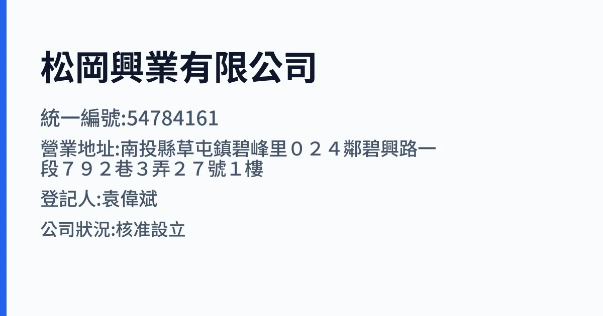 松岡興業有限公司 - 統編 54784161(南投縣) 公司登記資料與營業項目詳細圖表