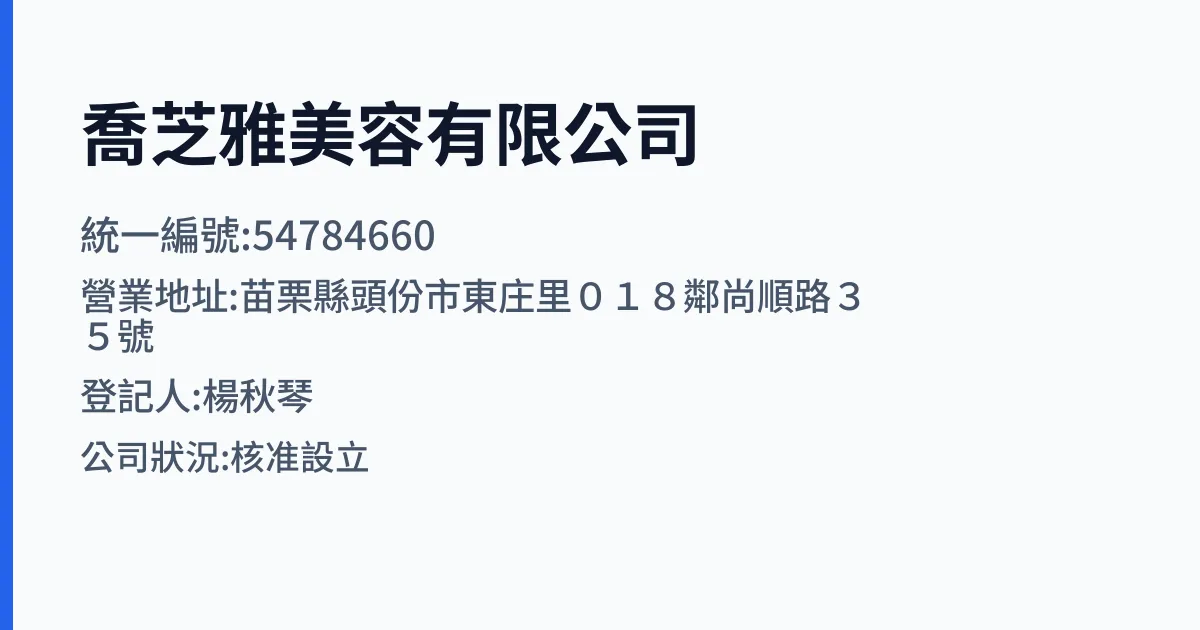 喬芝雅美容有限公司 - 統編 54784660(新竹市) 公司登記資料與營業項目詳細圖表