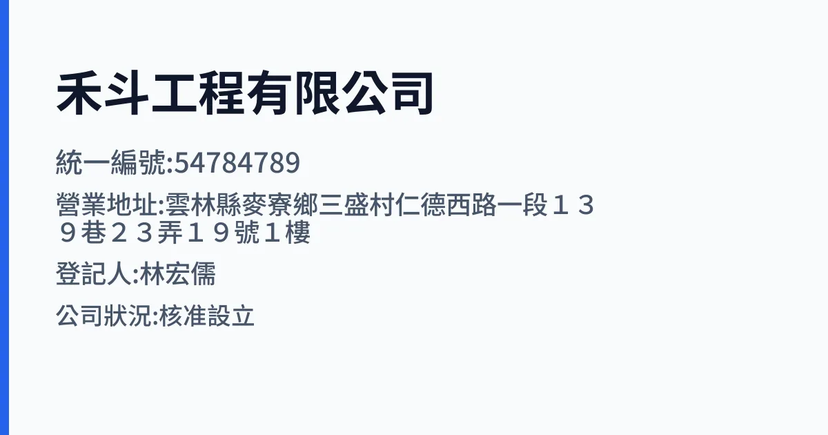 禾斗工程有限公司 - 統編 54784789(雲林縣) 公司登記資料與營業項目詳細圖表
