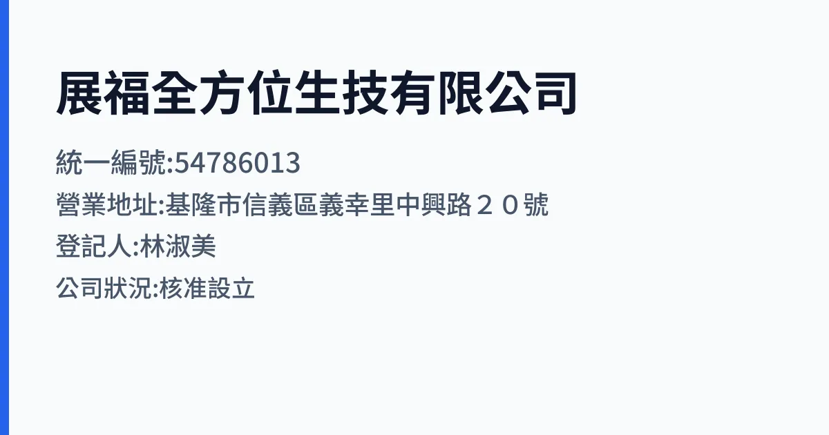 展福全方位生技有限公司 - 統編 54786013(基隆市) 公司登記資料與營業項目詳細圖表