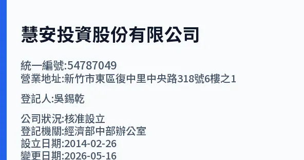 慧安投資股份有限公司的照片-統編 54787049(新竹市) 公司登記資料與營業項目詳細圖表