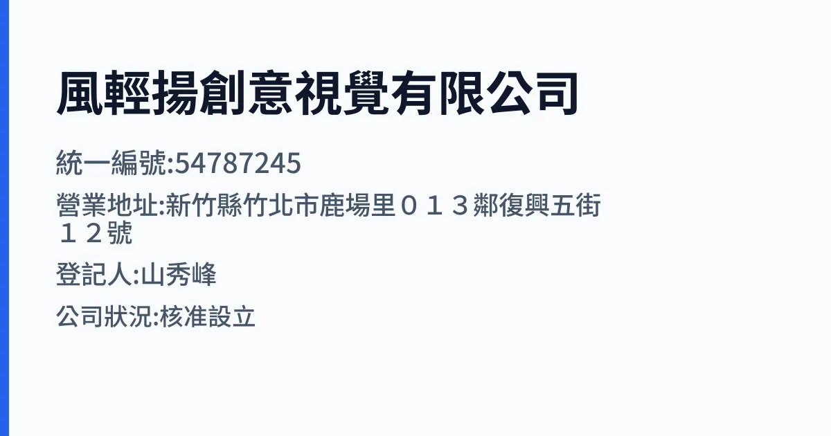 風輕揚創意視覺有限公司 - 統編 54787245(新竹縣) 公司登記資料與營業項目詳細圖表
