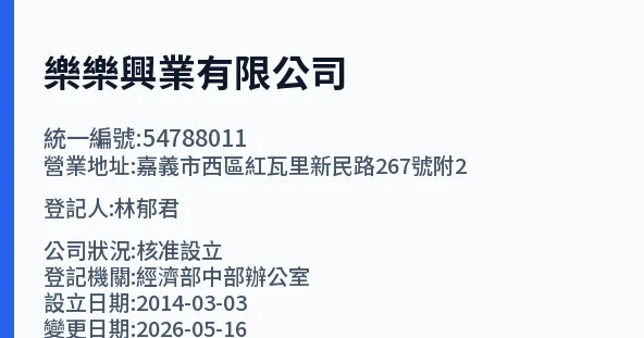 樂樂興業有限公司的照片-統編 54788011(嘉義市) 公司登記資料與營業項目詳細圖表