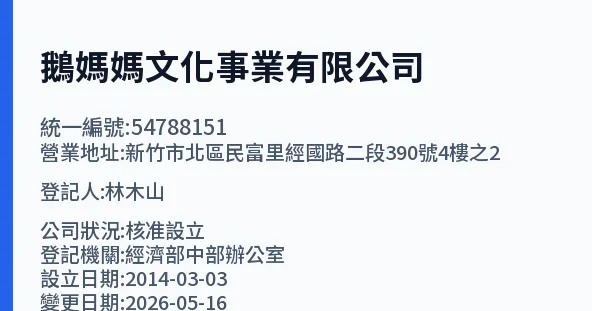 鵝媽媽文化事業有限公司的照片-統編 54788151(新竹市) 公司登記資料與營業項目詳細圖表