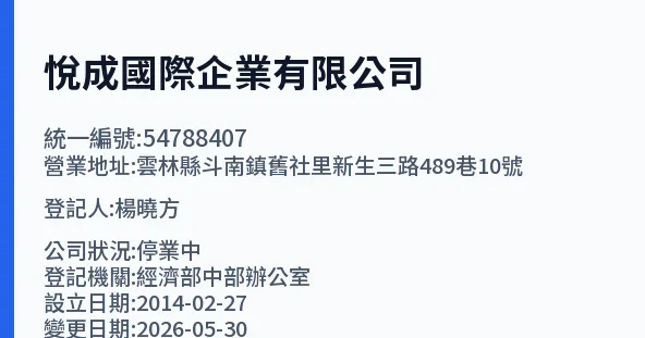 悅成國際企業有限公司的照片-統編 54788407(雲林縣) 公司登記資料與營業項目詳細圖表