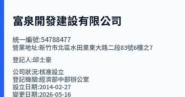 富泉開發建設有限公司的照片-統編 54788477(新竹市) 公司登記資料與營業項目詳細圖表