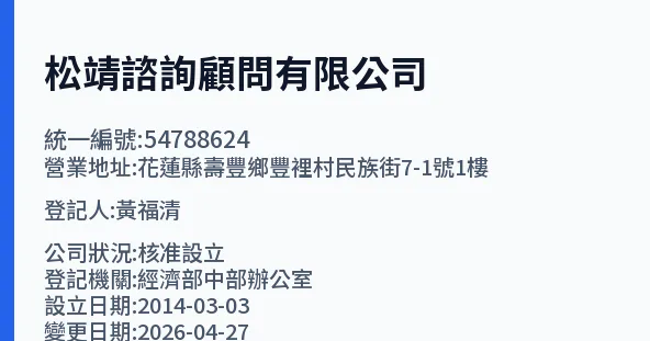 松靖諮詢顧問有限公司的照片-統編 54788624(花蓮縣) 公司登記資料與營業項目詳細圖表