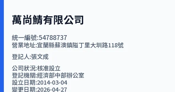 萬尚鯖有限公司的照片-統編 54788737(宜蘭縣) 公司登記資料與營業項目詳細圖表