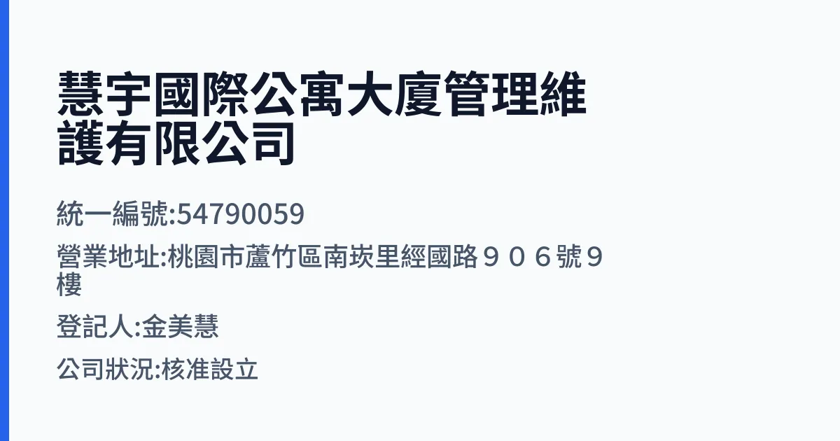 慧宇國際公寓大廈管理維護有限公司 - 統編 54790059 (桃園市) 公司登記資料與營業項目詳細圖表