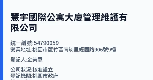 慧宇國際公寓大廈管理維護有限公司的照片-統編 54790059(桃園市) 公司登記資料與營業項目詳細圖表