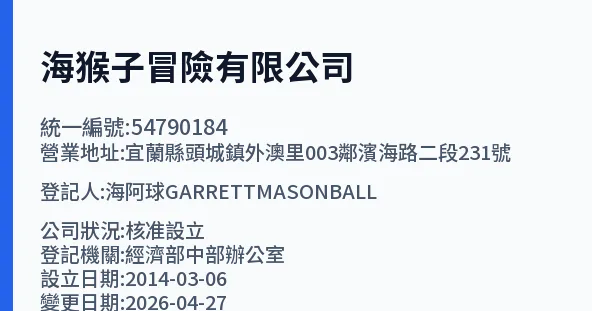 海猴子冒險有限公司的照片-統編 54790184(宜蘭縣) 公司登記資料與營業項目詳細圖表