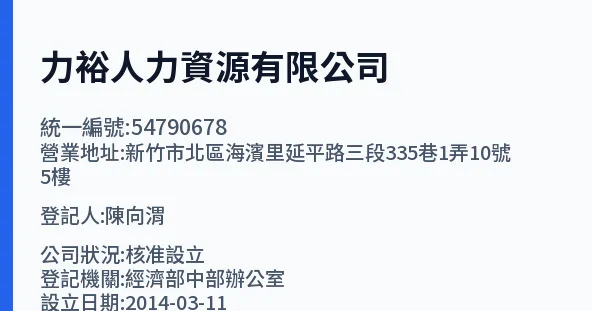 力裕人力資源有限公司的照片-統編 54790678(新竹市) 公司登記資料與營業項目詳細圖表