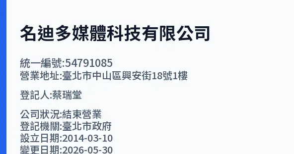 名迪多媒體科技有限公司的照片-統編 54791085(臺北市) 公司登記資料與營業項目詳細圖表