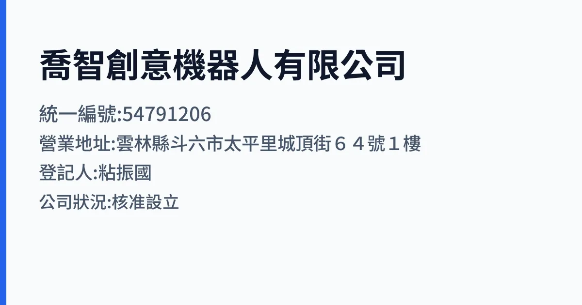 喬智創意機器人有限公司 - 統編 54791206(雲林縣) 公司登記資料與營業項目詳細圖表