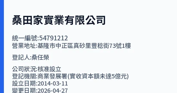 桑田家實業有限公司的照片-統編 54791212(基隆市) 公司登記資料與營業項目詳細圖表