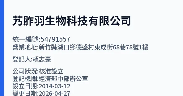 艿胙羽生物科技有限公司的照片-統編 54791557(新竹縣) 公司登記資料與營業項目詳細圖表