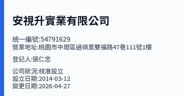 安視升實業有限公司的照片-統編 54791629(桃園市) 公司登記資料與營業項目詳細圖表