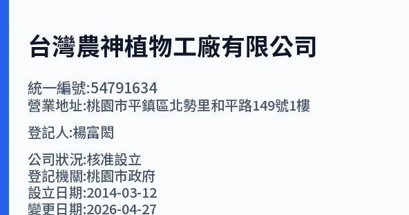 台灣農神植物工廠有限公司的照片-統編 54791634(桃園市) 公司登記資料與營業項目詳細圖表