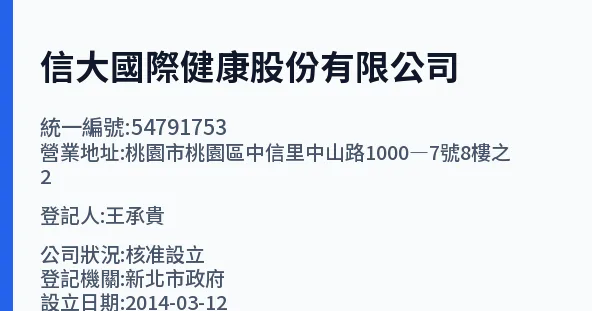 信大國際健康股份有限公司的照片-統編 54791753(桃園市) 公司登記資料與營業項目詳細圖表