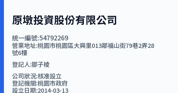 原墩投資股份有限公司的照片-統編 54792269(桃園市) 公司登記資料與營業項目詳細圖表