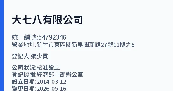大七八有限公司的照片-統編 54792346(新竹市) 公司登記資料與營業項目詳細圖表
