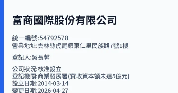 富商國際股份有限公司的照片-統編 54792578(雲林縣) 公司登記資料與營業項目詳細圖表