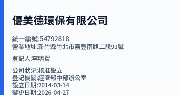 優美德環保有限公司的照片-統編 54792818(新竹縣) 公司登記資料與營業項目詳細圖表