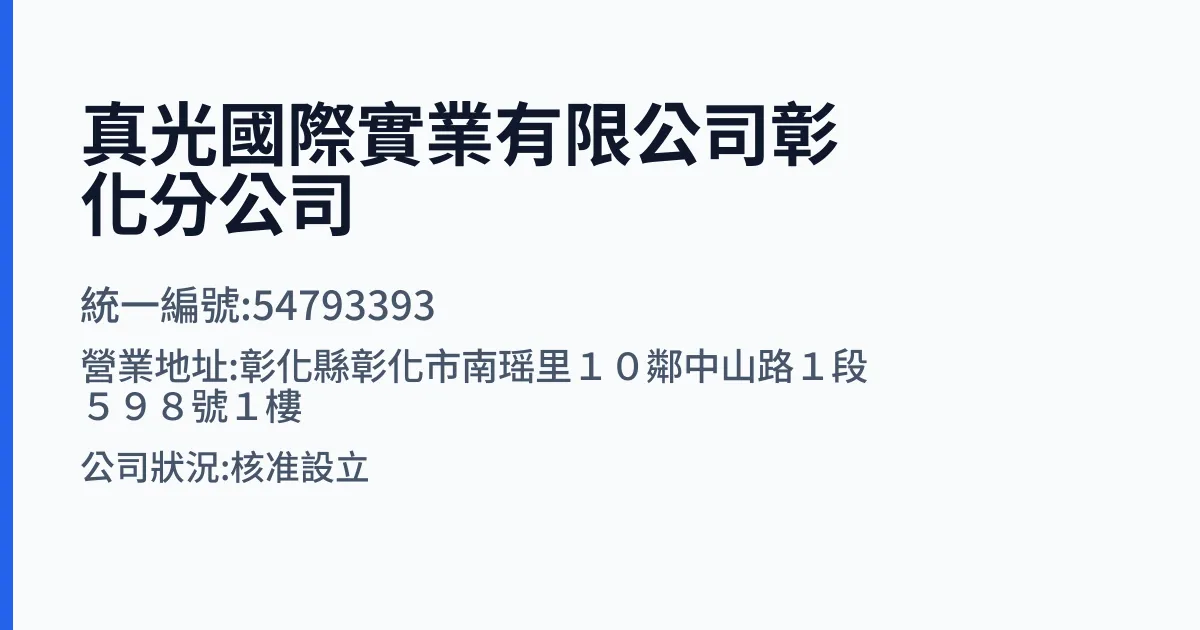 真光國際實業有限公司彰化分公司 - 統編 54793393(彰化縣) 公司登記資料與營業項目詳細圖表