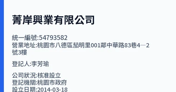 菁岸興業有限公司的照片-統編 54793582(桃園市) 公司登記資料與營業項目詳細圖表