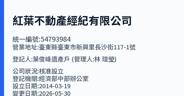 紅葉不動產經紀有限公司的照片-統編 54793984(臺東縣) 公司登記資料與營業項目詳細圖表