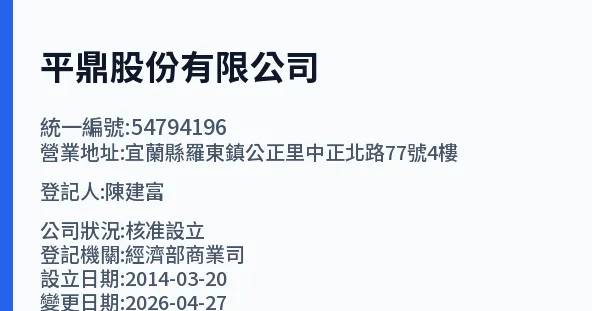 平鼎股份有限公司的照片-統編 54794196(宜蘭縣) 公司登記資料與營業項目詳細圖表