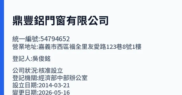 鼎豐鋁門窗有限公司的照片-統編 54794652(嘉義市) 公司登記資料與營業項目詳細圖表