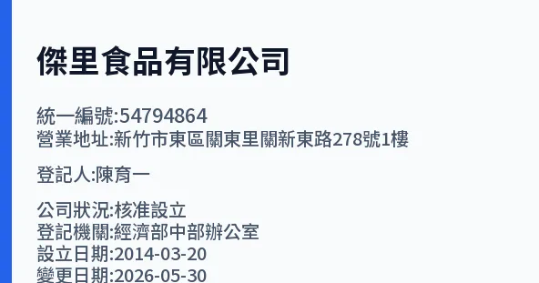 傑里食品有限公司的照片-統編 54794864(新竹市) 公司登記資料與營業項目詳細圖表