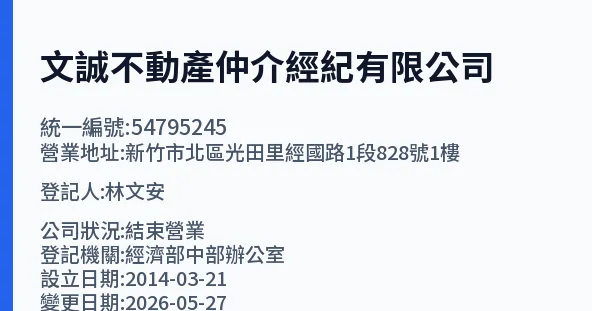 文誠不動產仲介經紀有限公司的照片-統編 54795245(新竹市) 公司登記資料與營業項目詳細圖表