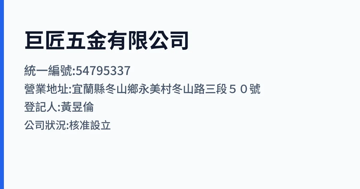 巨匠五金有限公司 - 統編 54795337(宜蘭縣) 公司登記資料與營業項目詳細圖表