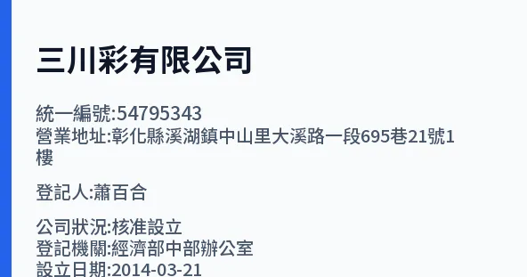 三川彩有限公司的照片-統編 54795343(彰化縣) 公司登記資料與營業項目詳細圖表