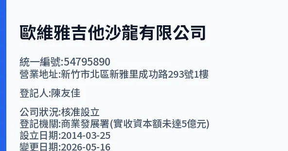 歐維雅吉他沙龍有限公司的照片-統編 54795890(新竹市) 公司登記資料與營業項目詳細圖表