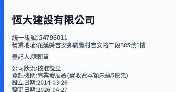 恆大建設有限公司的照片-統編 54796011(花蓮縣) 公司登記資料與營業項目詳細圖表