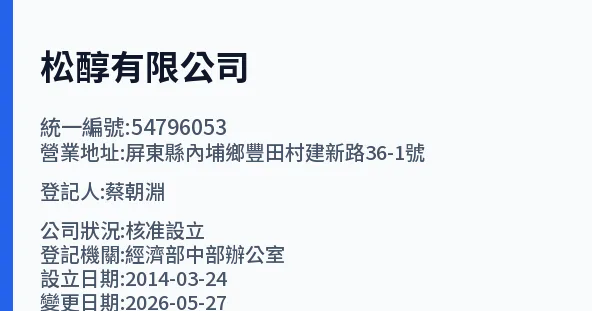 松醇有限公司的照片-統編 54796053(屏東縣) 公司登記資料與營業項目詳細圖表