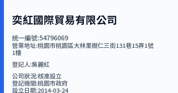 奕紅國際貿易有限公司的照片-統編 54796069(桃園市) 公司登記資料與營業項目詳細圖表