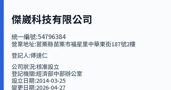 傑崴科技有限公司的照片-統編 54796384(苗栗縣) 公司登記資料與營業項目詳細圖表