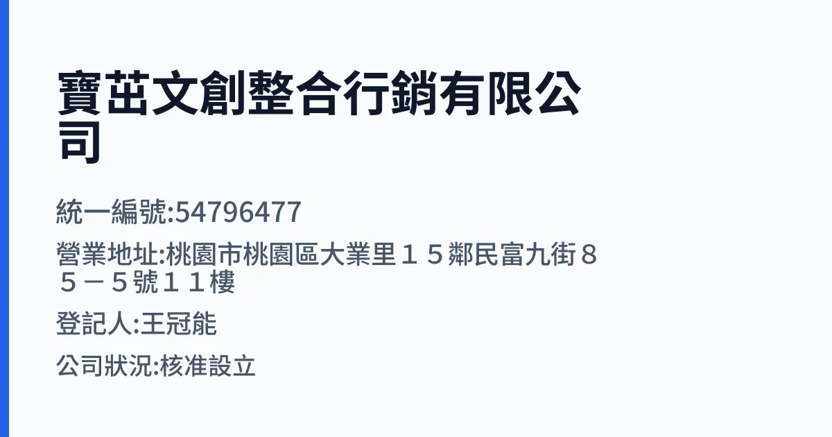 寶茁文創整合行銷有限公司 - 統編 54796477(桃園市) 公司登記資料與營業項目詳細圖表