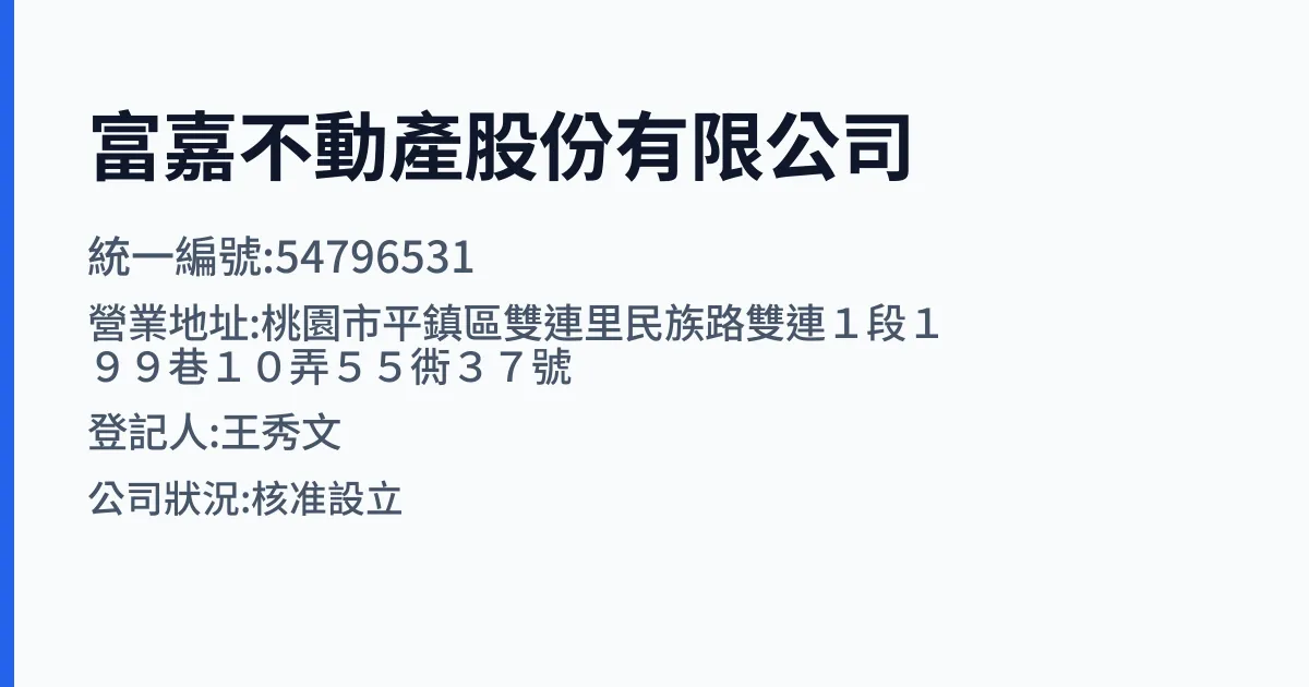 富嘉不動產股份有限公司 - 統編 54796531(桃園市) 公司登記資料與營業項目詳細圖表